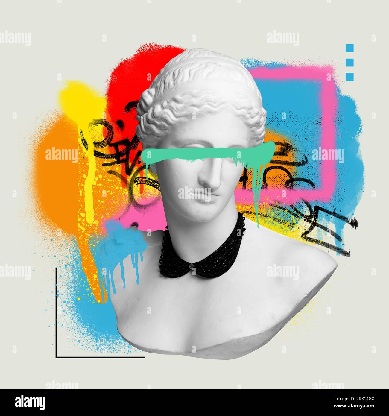 Antique statue bust painted colorful graffiti over light background ...