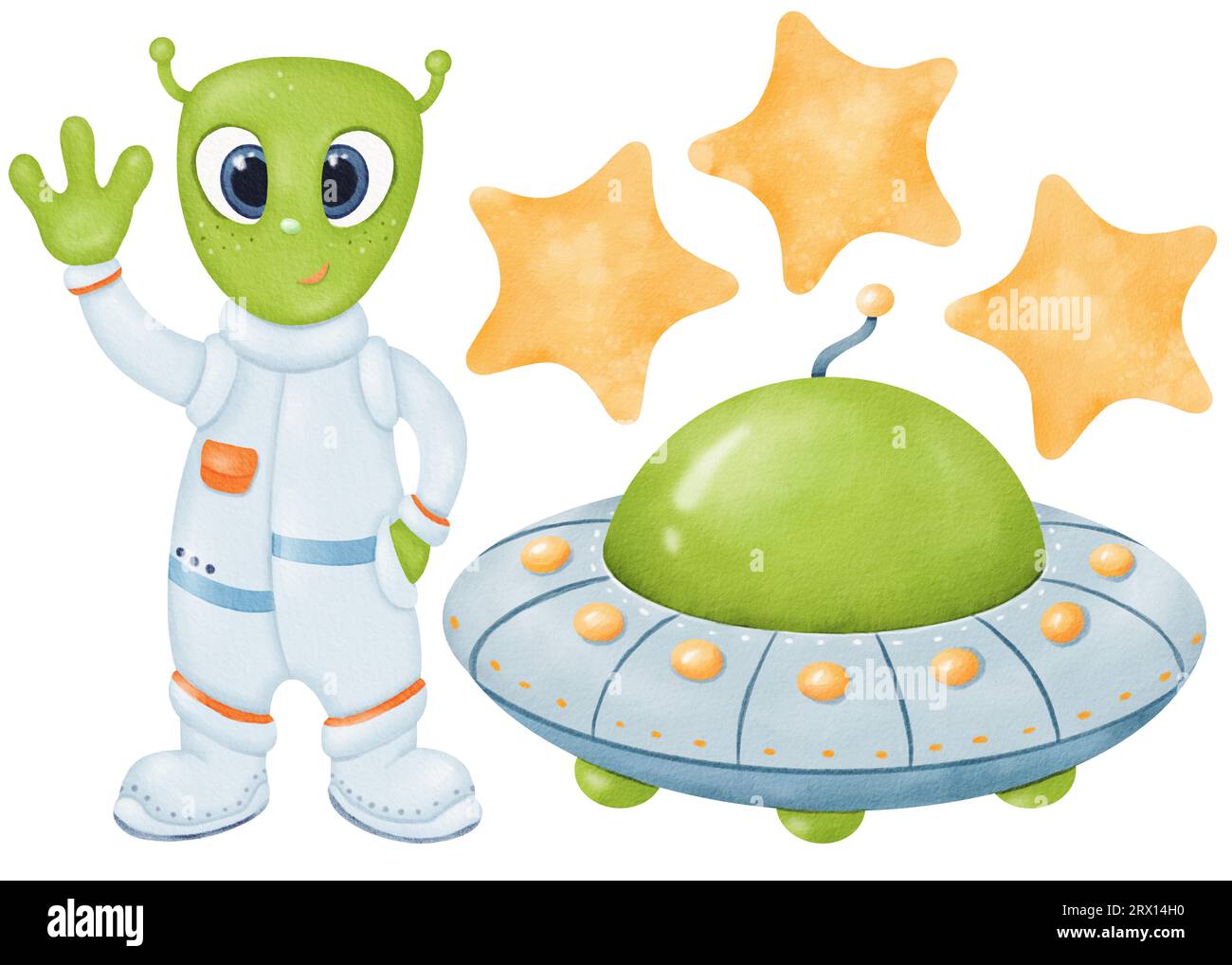 Space set. green cute alien waves its hand. Alien spacecraft. Cartoon ...