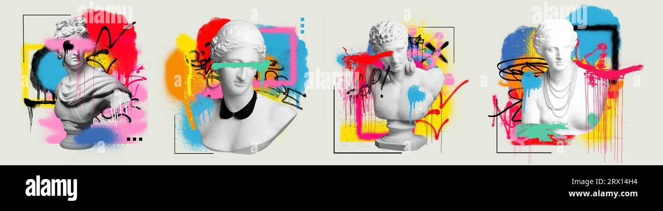 Set of antique statue busts over light background with colorful ...