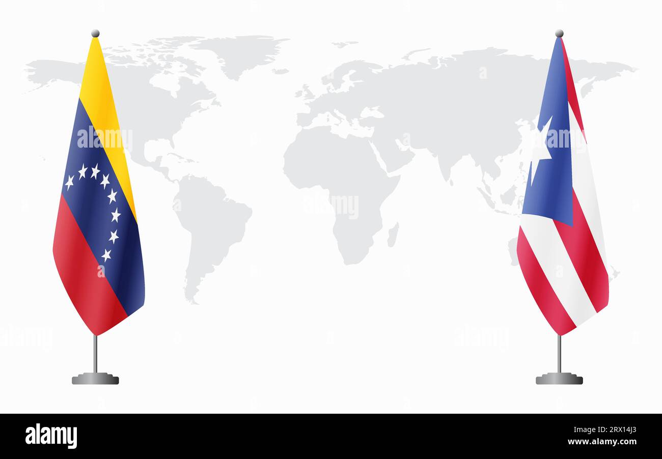 Venezuela and Puerto Rico flags for official meeting against background ...