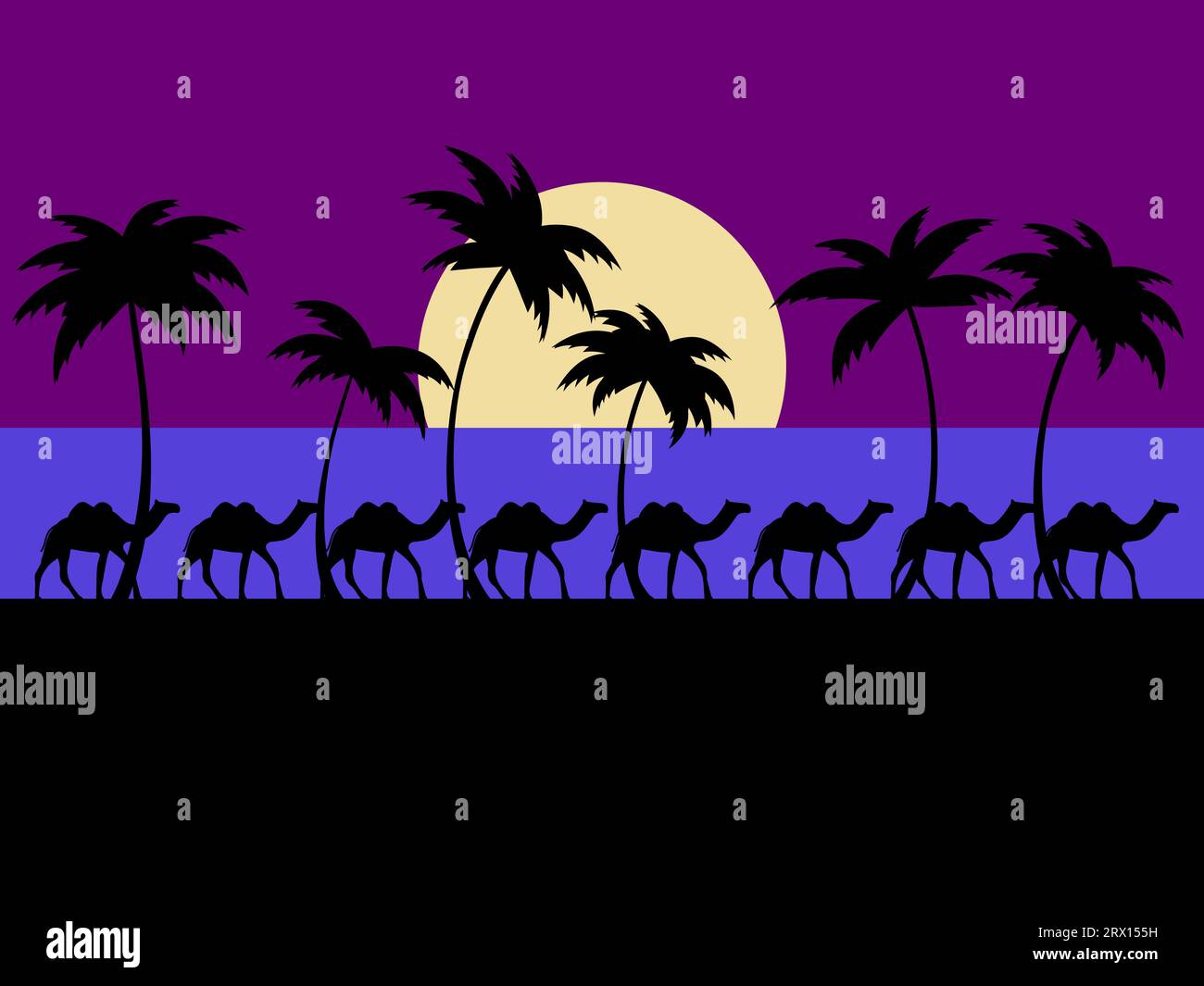 Landscape with palm trees and camels at dawn. Black silhouettes of palm ...