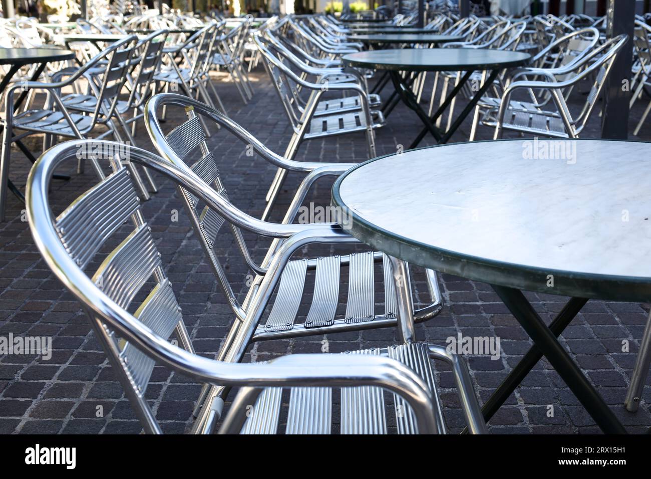 Stainless steel bar terrace furniture in Spain Stock Photo - Alamy