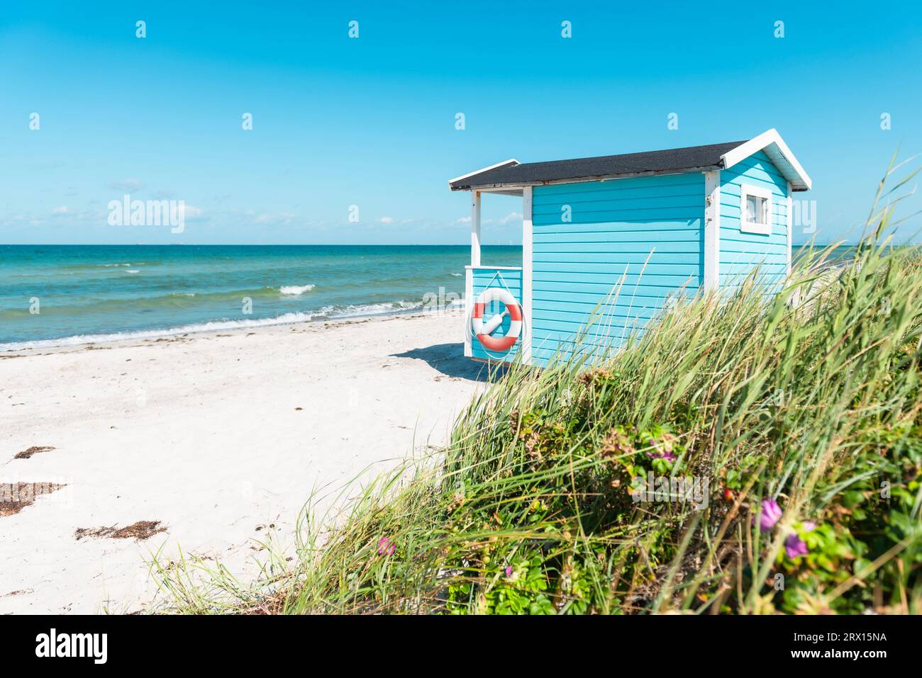 Blue and white wooden bathing hut on the beach of Skanör med Falsterbo ...