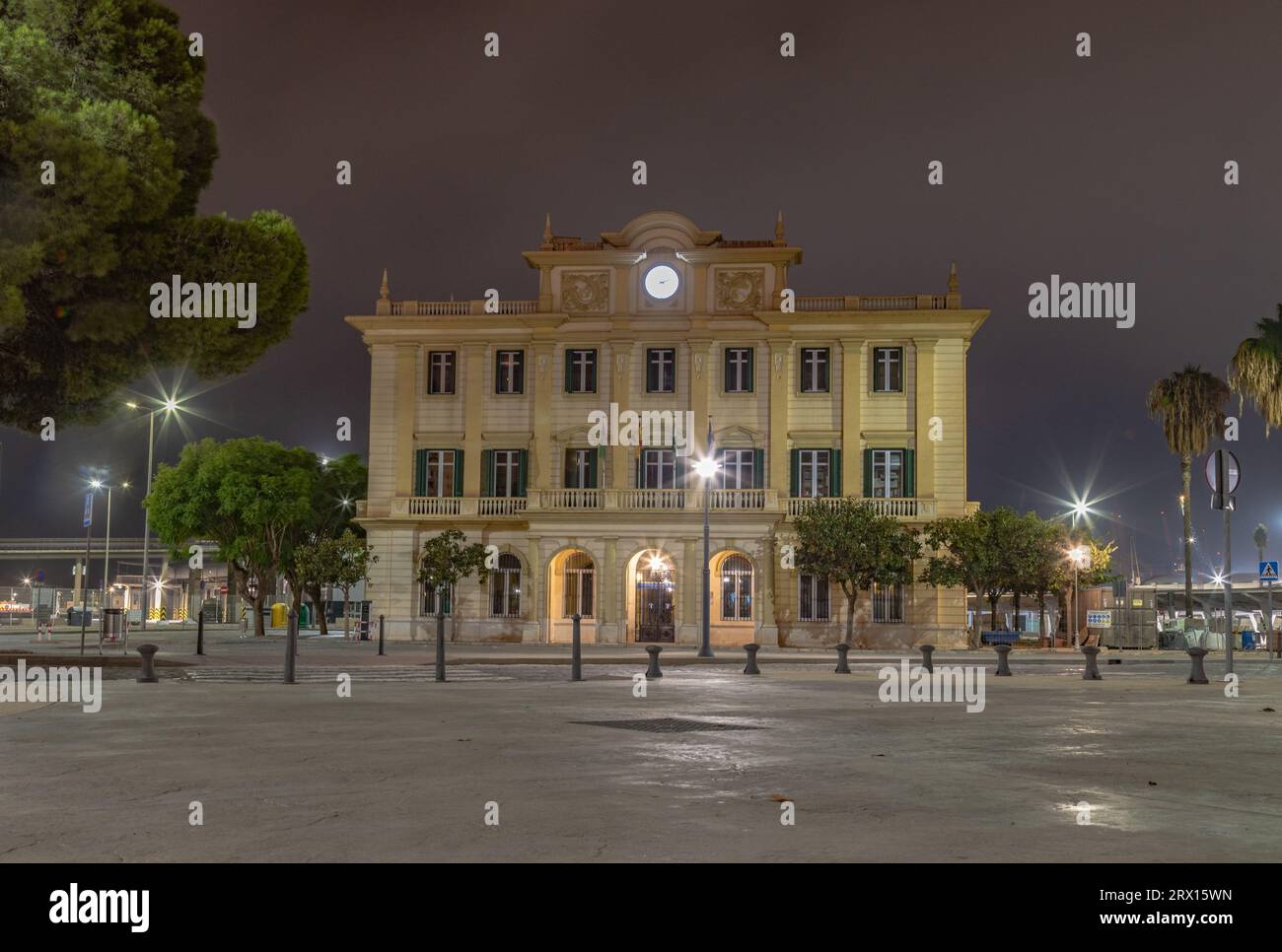Night photography around Port Authority in Malaga. Old Spanish style ...