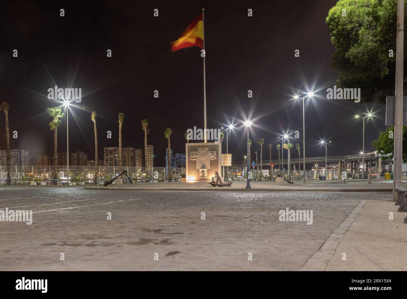 Night photography around Port Authority in Malaga. Old Spanish style ...