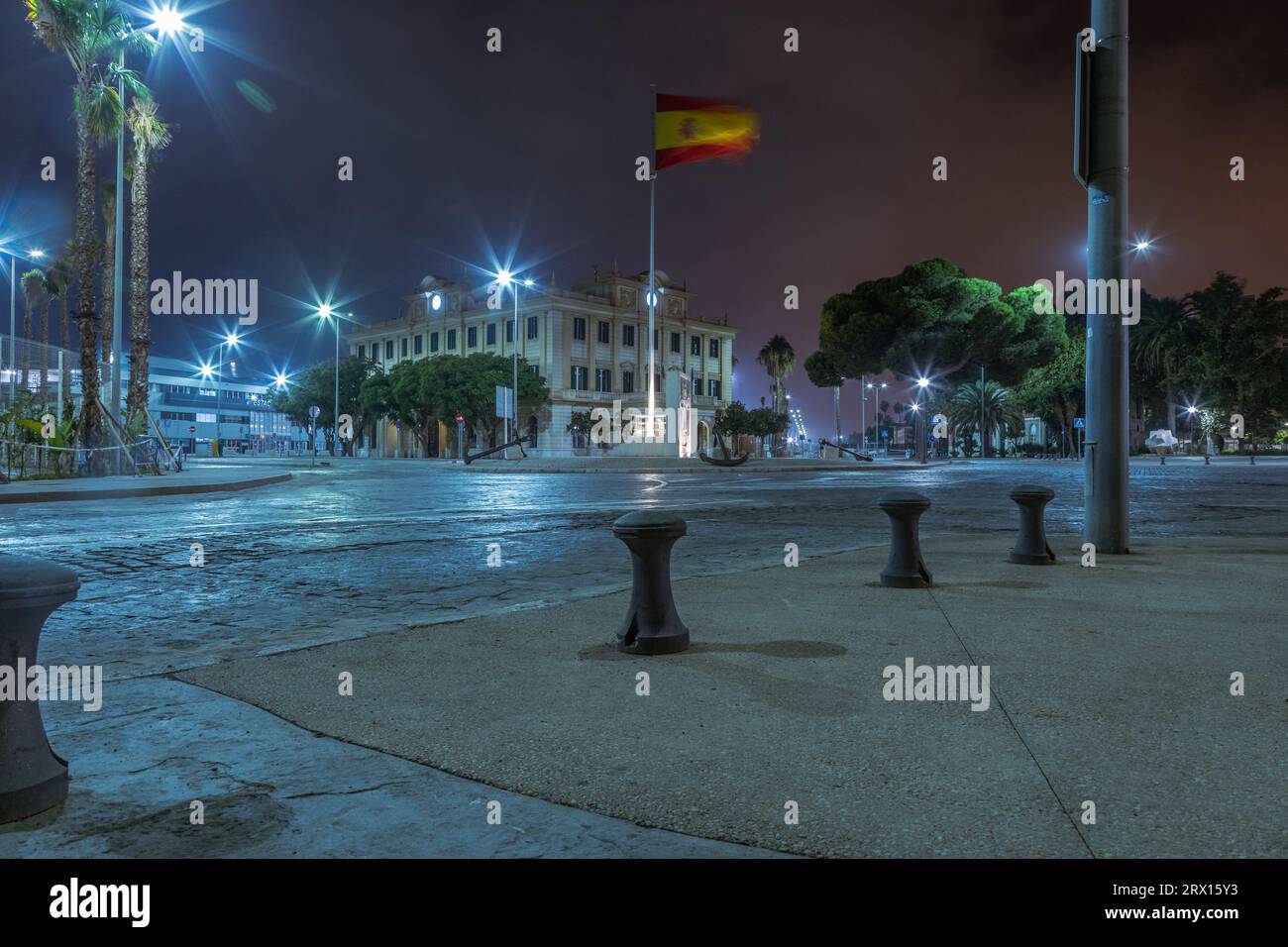 Night photography around Port Authority in Malaga. Old Spanish style ...