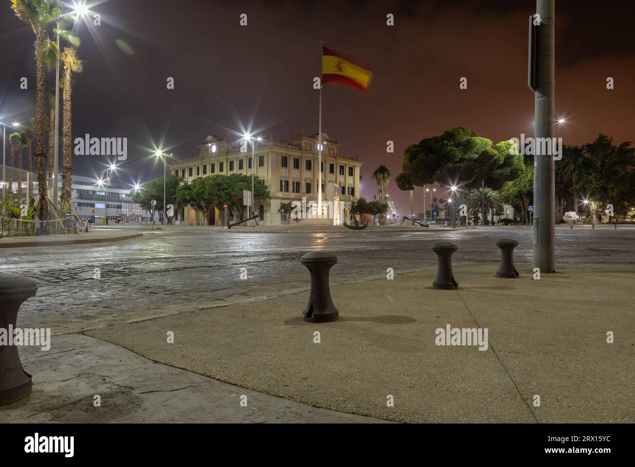Night photography around Port Authority in Malaga. Old Spanish style ...