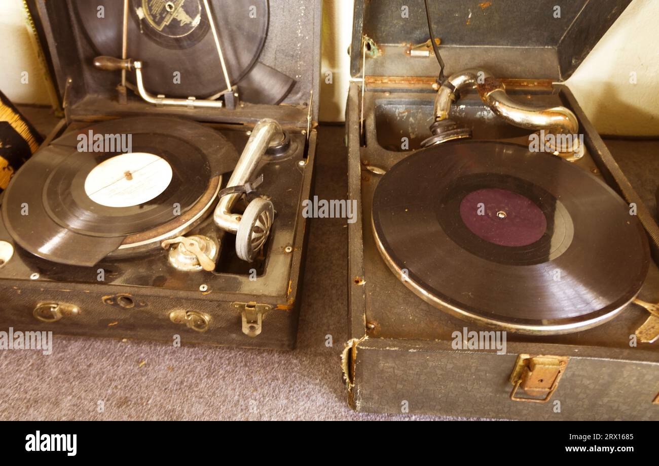 old vintage player of plate. First musical record-player of disks ...
