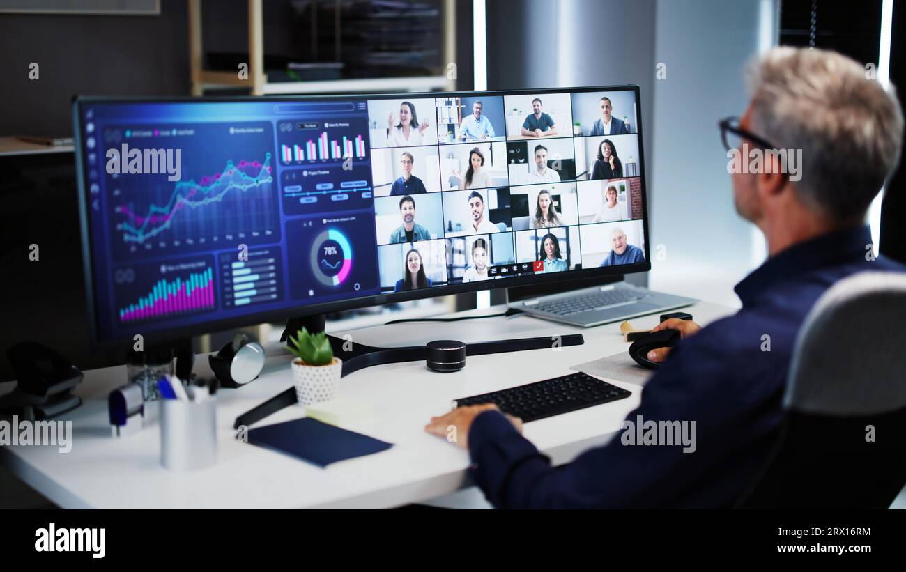 Online Video Conference Virtual Meeting On Multiple Screens Stock Photo ...