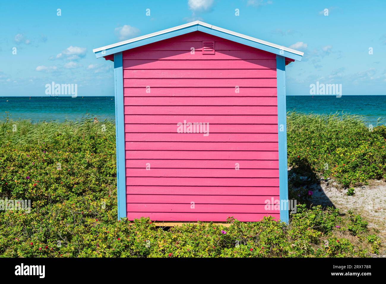 Frontal view of the back of a red and white wooden bathing hut on the ...