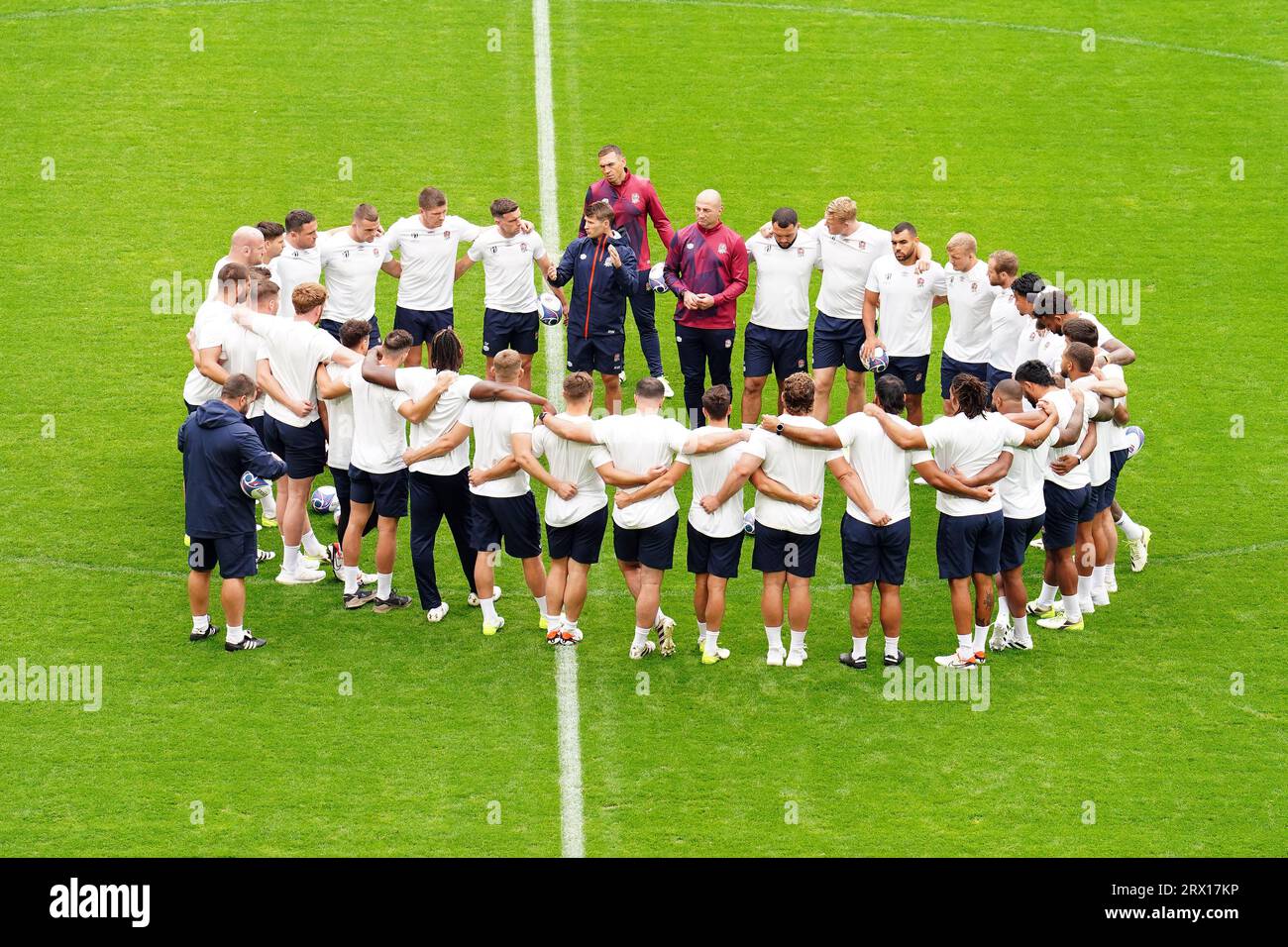 The England team in a huddle during a training session at the Stade ...