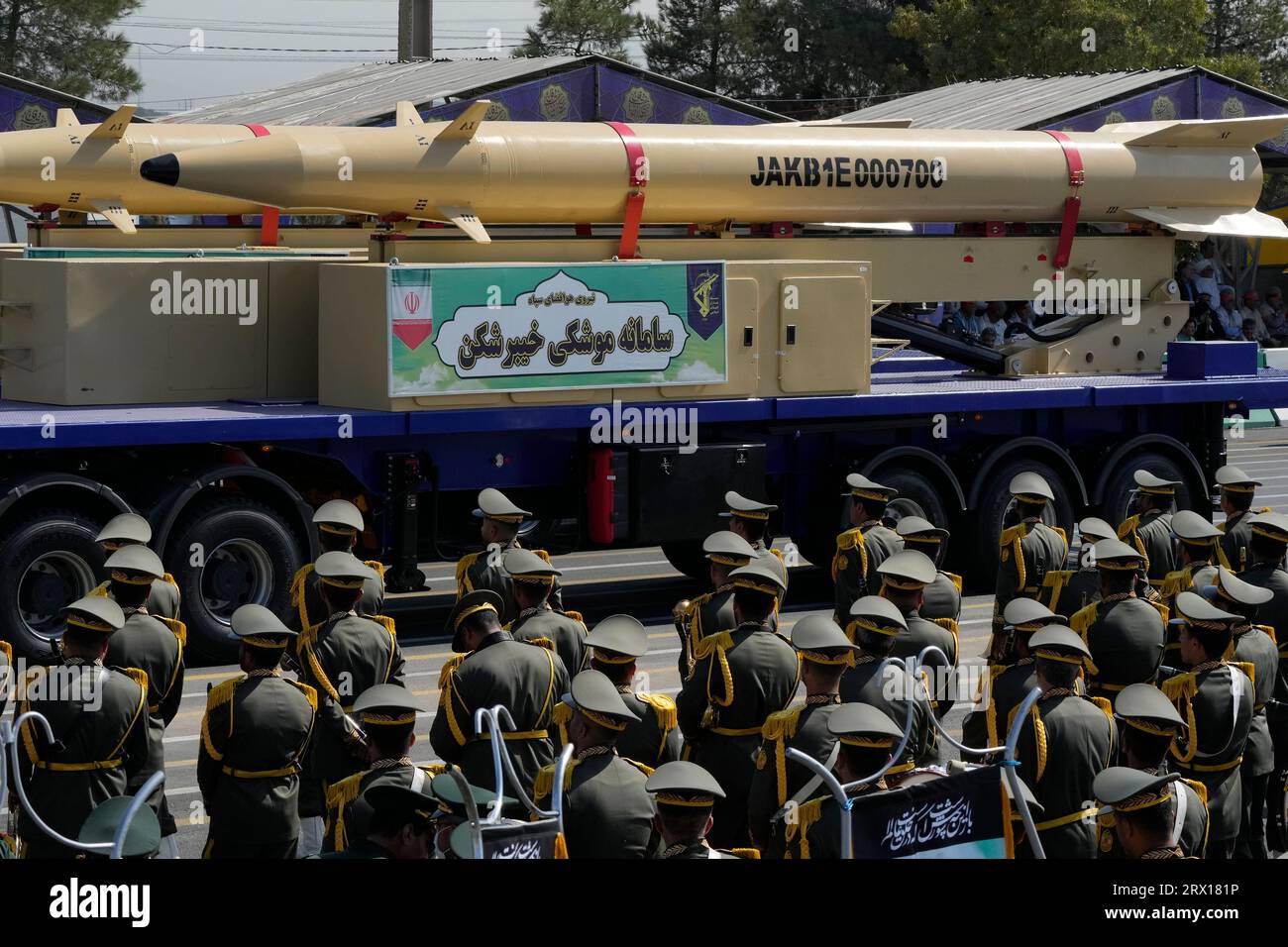 "Khaibar-buster" missiles are carried on a truck during an annual ...