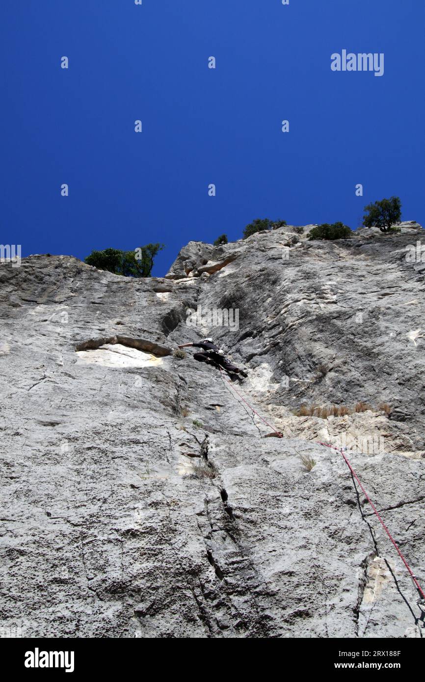 Climbing at Thaurac, Dalles du Benedictin sector. Saint Bauzille de ...