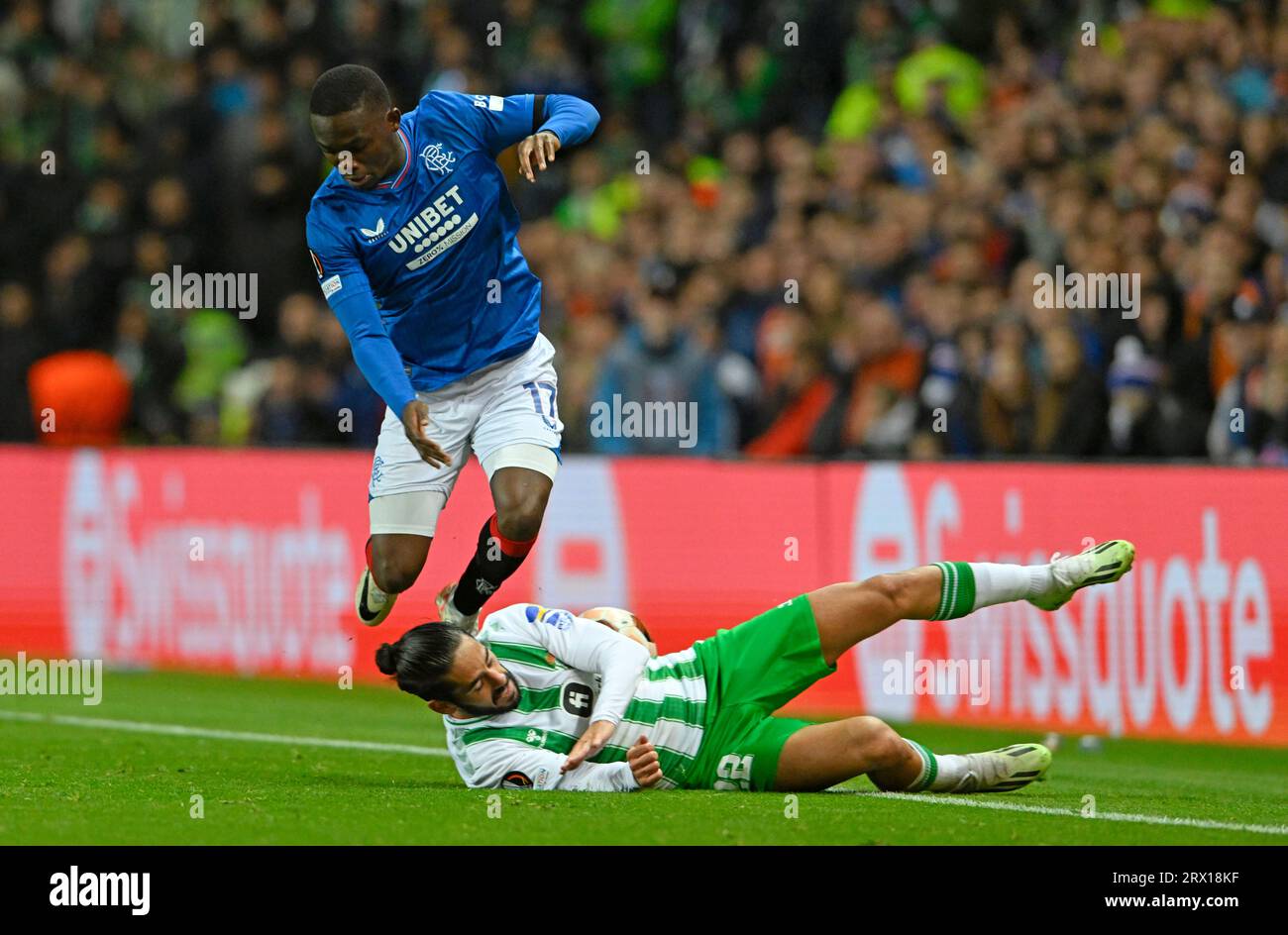 Glasgow, UK. 21st Sep, 2023. Rabbi Matondo of Rangers and Isco of Real ...