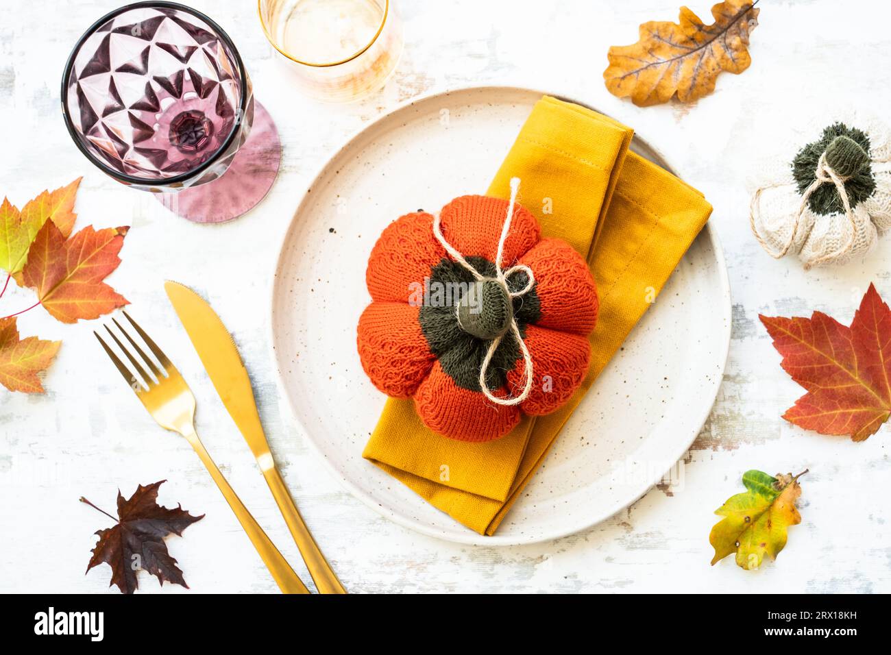 Autumn table setting on white background Stock Photo - Alamy