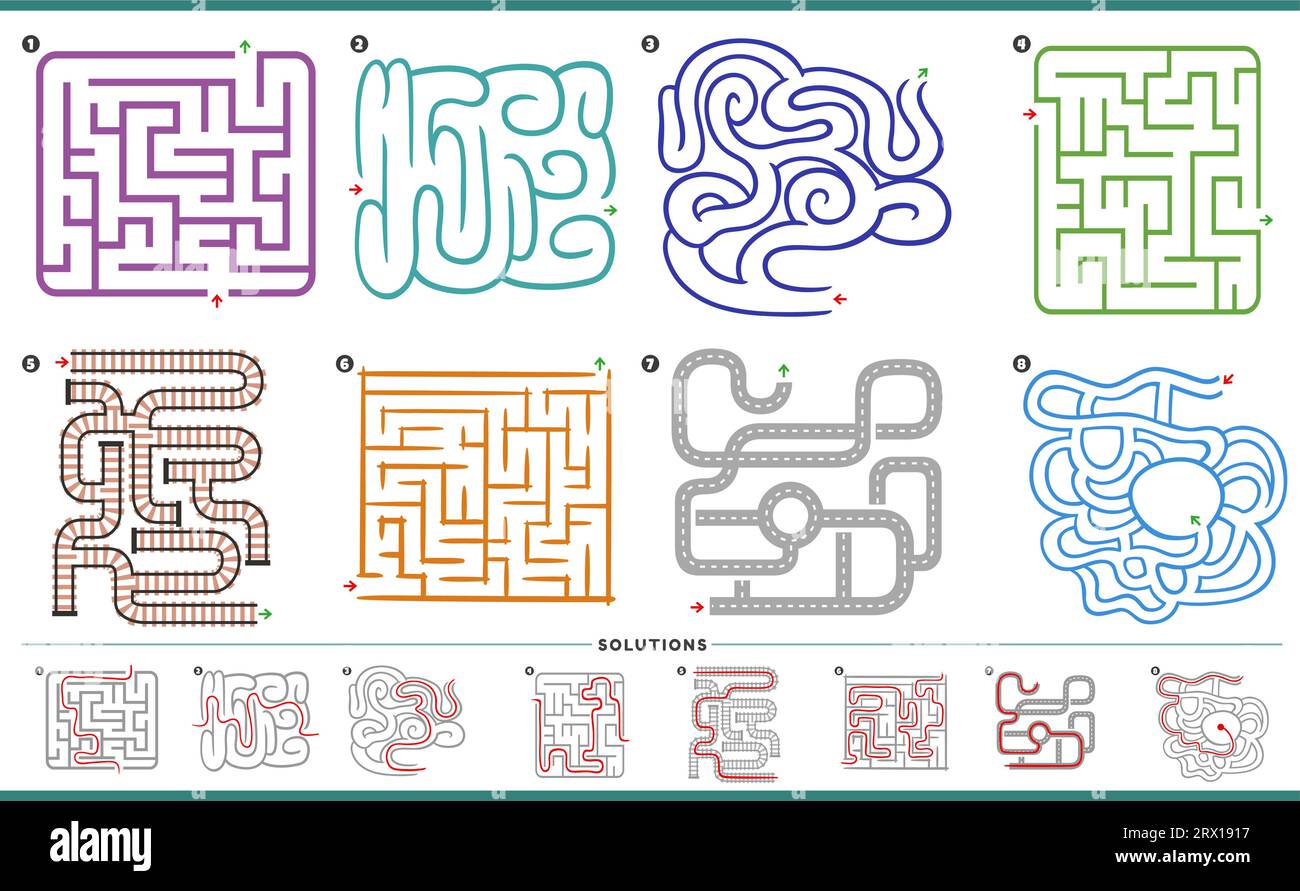 Illustration of maze puzzle activities graphs set with solutions Stock ...