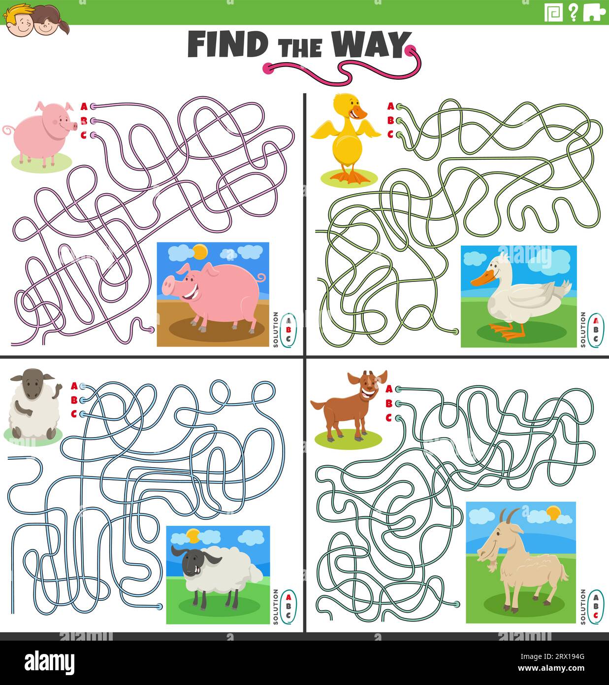 Cartoon illustration of find the way maze puzzle games set with farm ...