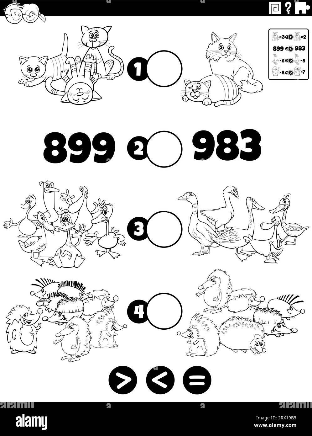 Black and white cartoon illustration of educational mathematical puzzle ...
