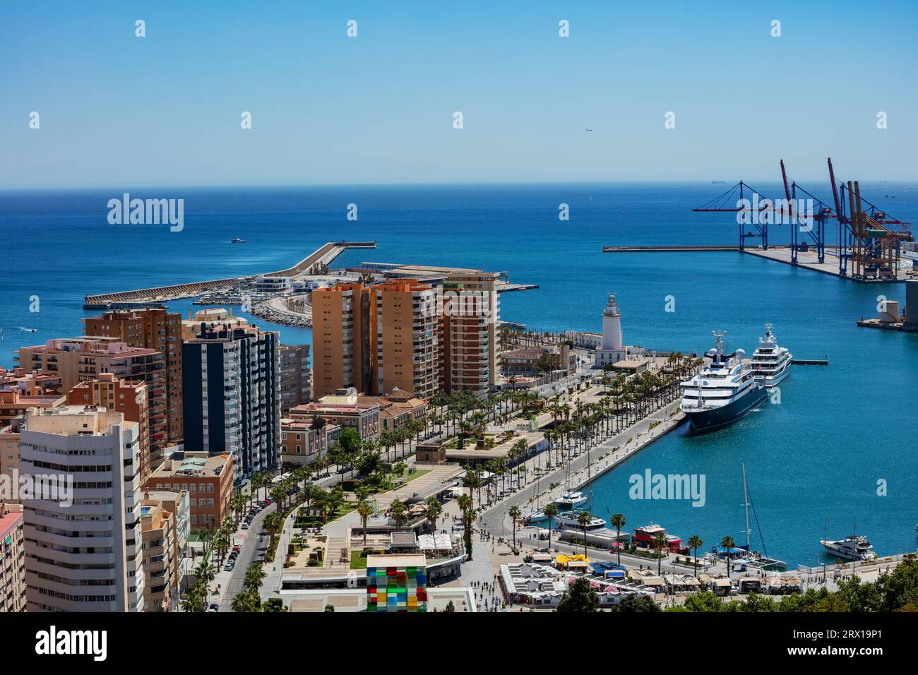 Panorama from castle hill on Malaga park and port bay Stock Photo - Alamy