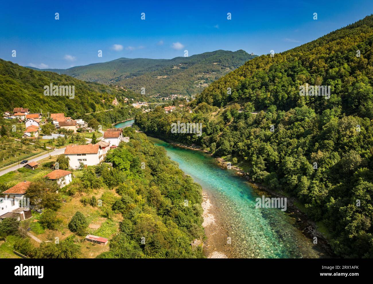 Aerial drone view of valley of the Drina river in Bosnia and ...