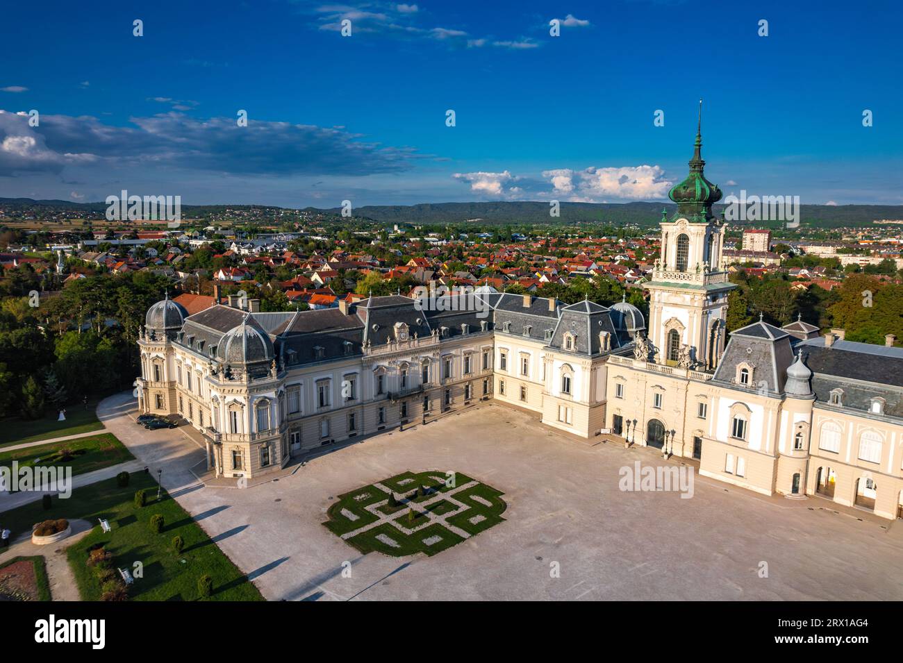 Aerial drone view of The Festetics Palace, Baroque palace located in ...