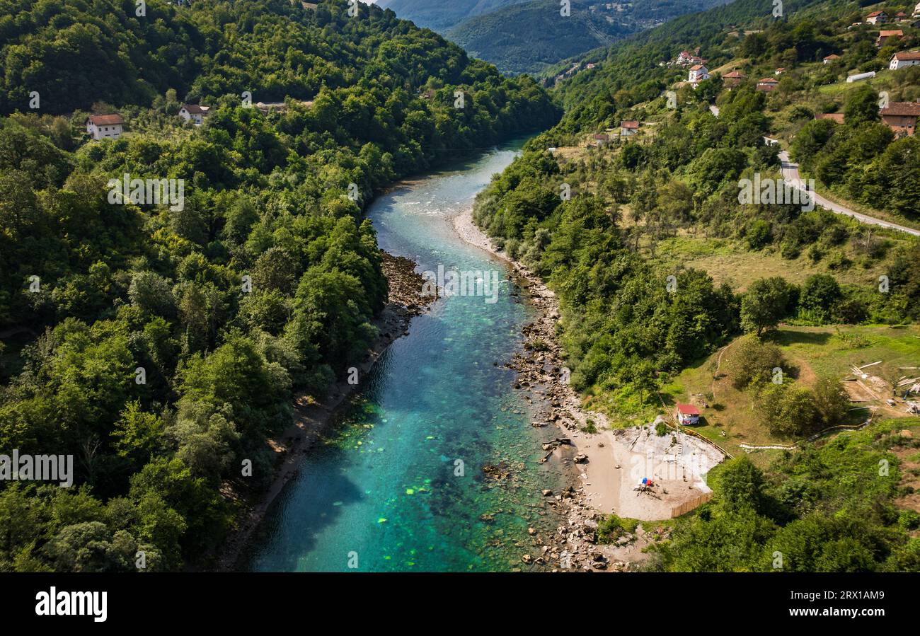 Aerial drone view of valley of the Drina river in Bosnia and ...