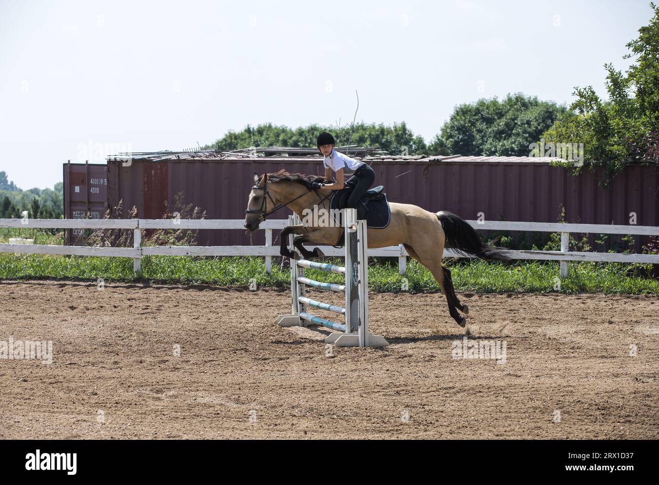 Teenager girl jumping over poles in competition Stock Photo - Alamy