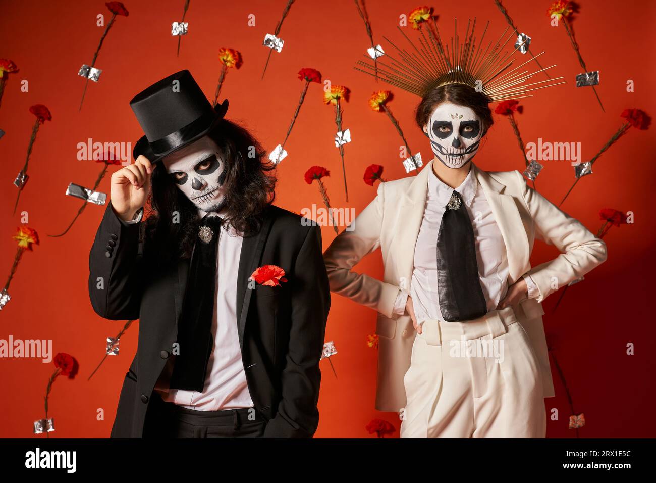 dia de los muertos party, couple in catrina makeup and festive attire ...