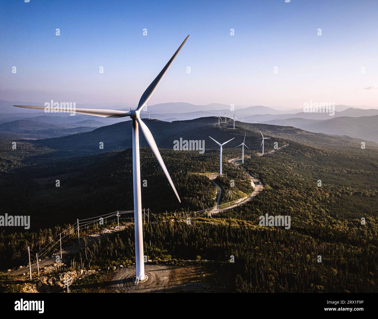 Renewable energy wind farm along ridgeline in the Maine mountains Stock ...