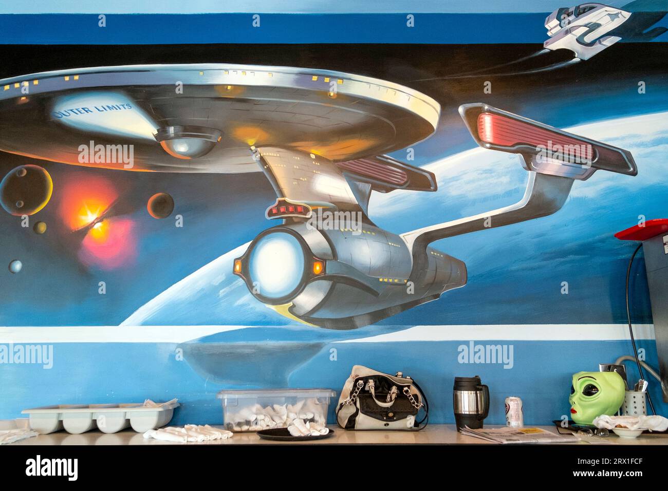Spaceship mural in roadside diner Stock Photo - Alamy