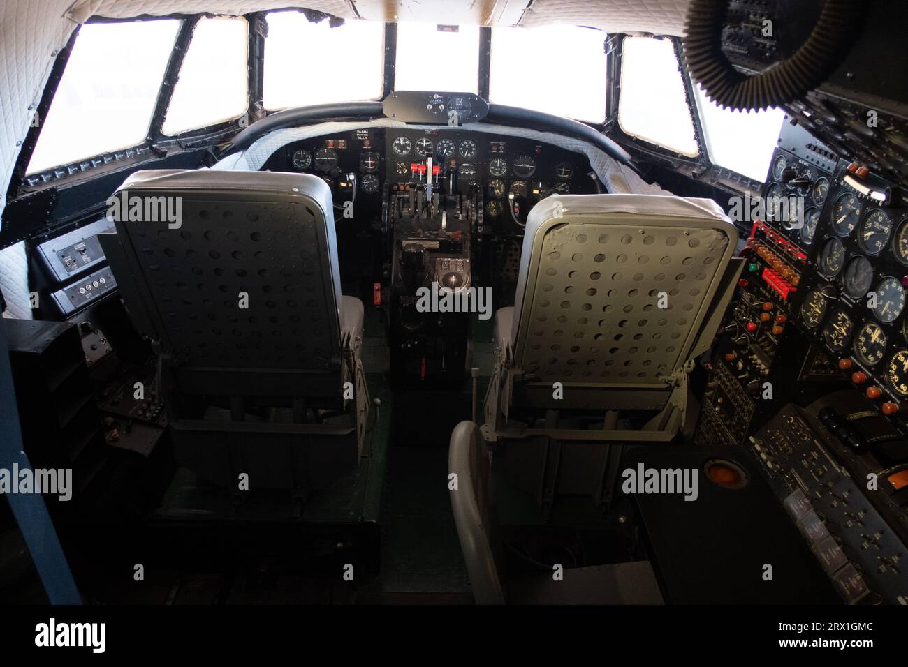 flight deck and flight controls of a Boeing 747 cockpit in an airplane ...