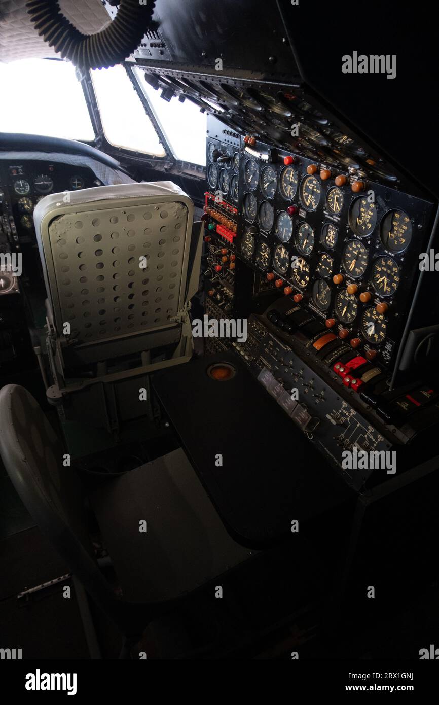 flight deck and flight controls of a Boeing 747 cockpit in an airplane ...