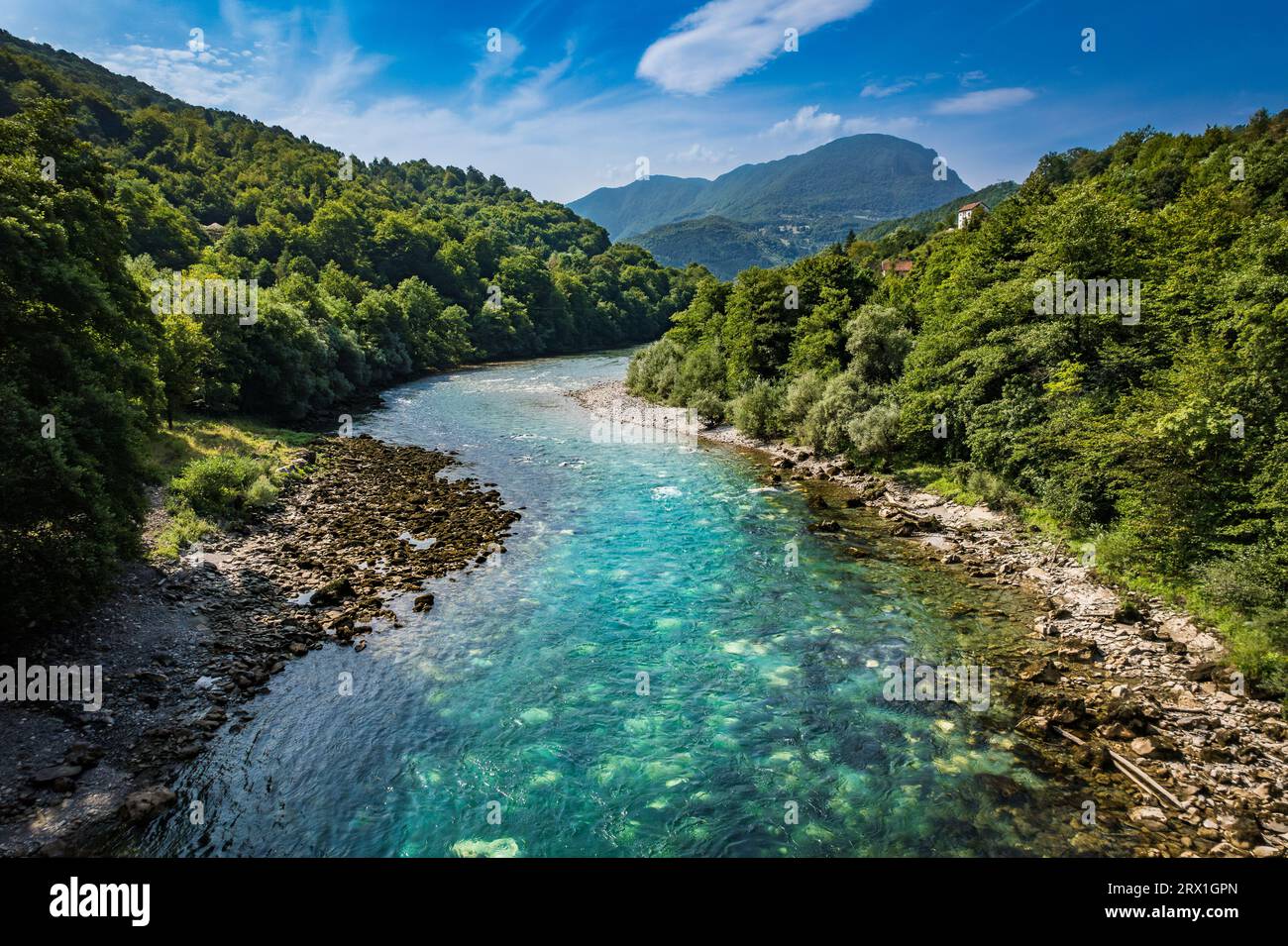 Aerial drone view of valley of the Drina river in Bosnia and ...