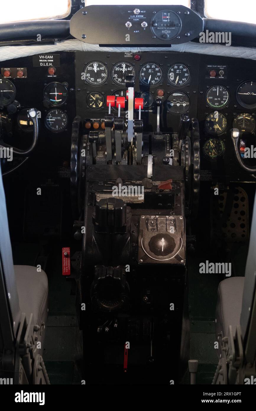 flight deck and flight controls of a Boeing 747 cockpit in an airplane ...