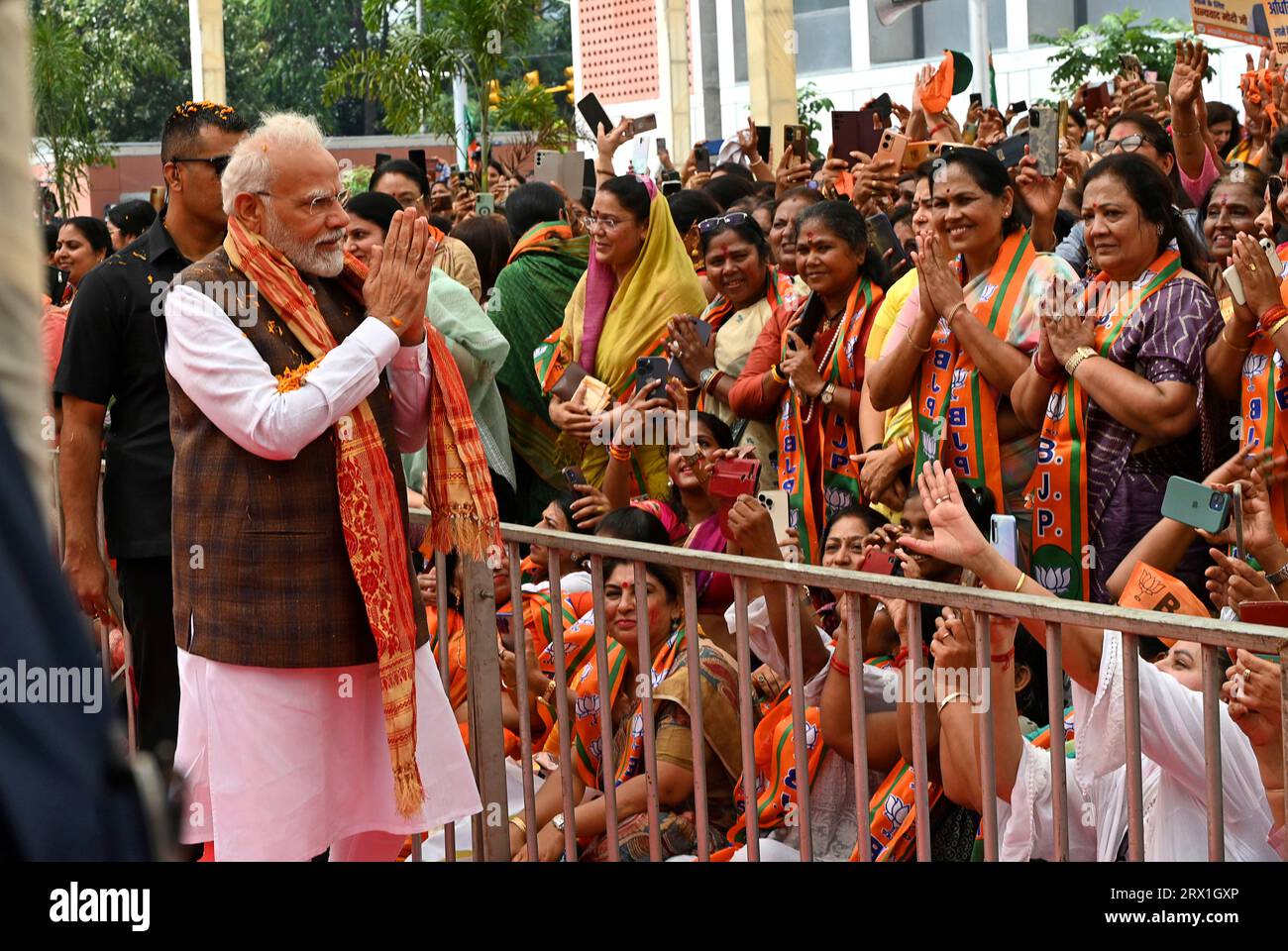 Indian Prime Minister Narendra Modi is welcomed at the Bharatiya Janata ...