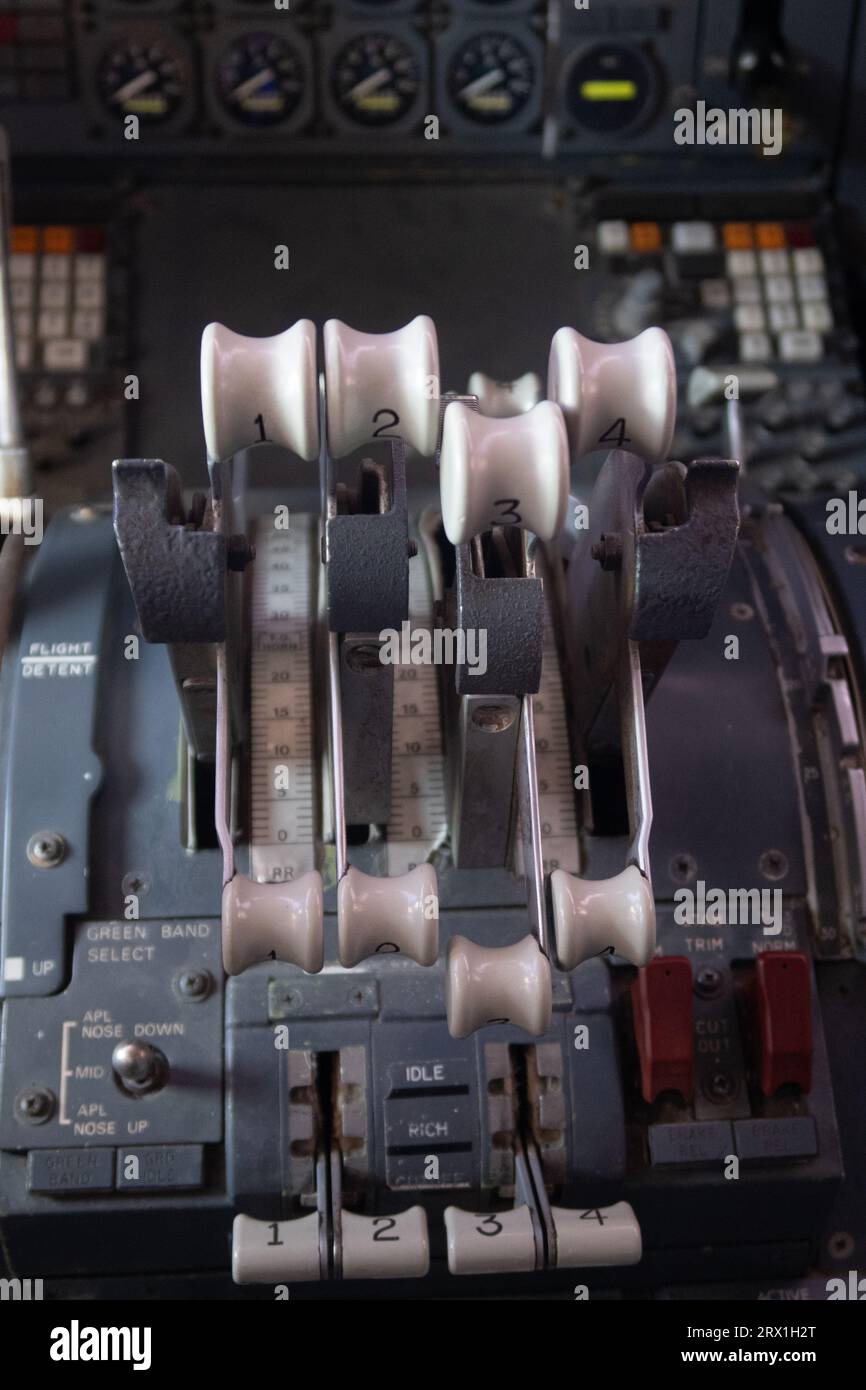 flight deck and flight controls of a Boeing 747 cockpit in an airplane ...