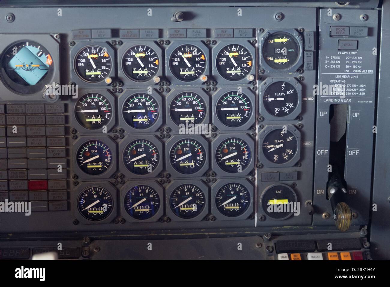 flight deck and flight controls of a Boeing 747 cockpit in an airplane ...
