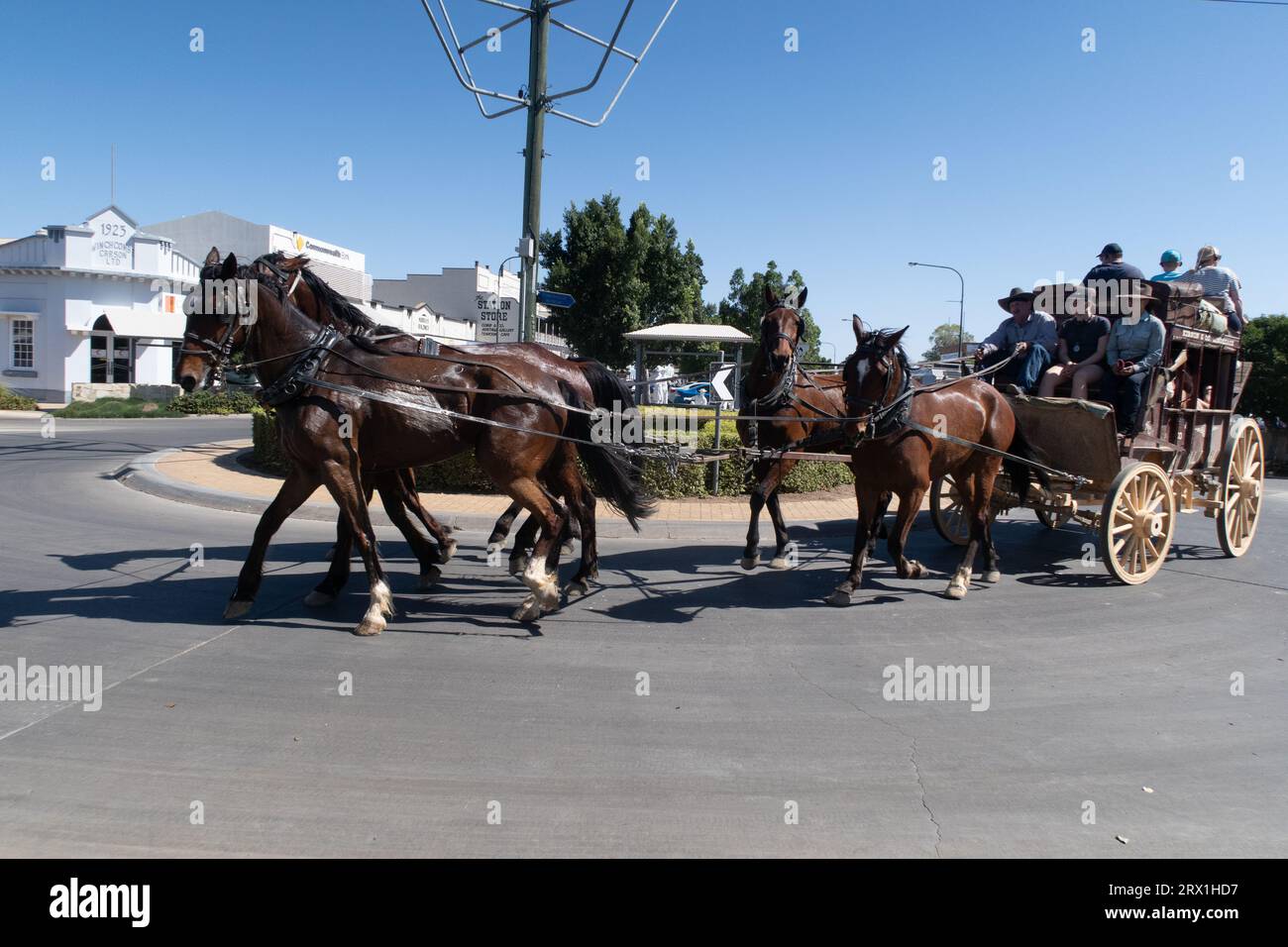 an old Cobb and Co stage coach lead by horses travel down main street ...