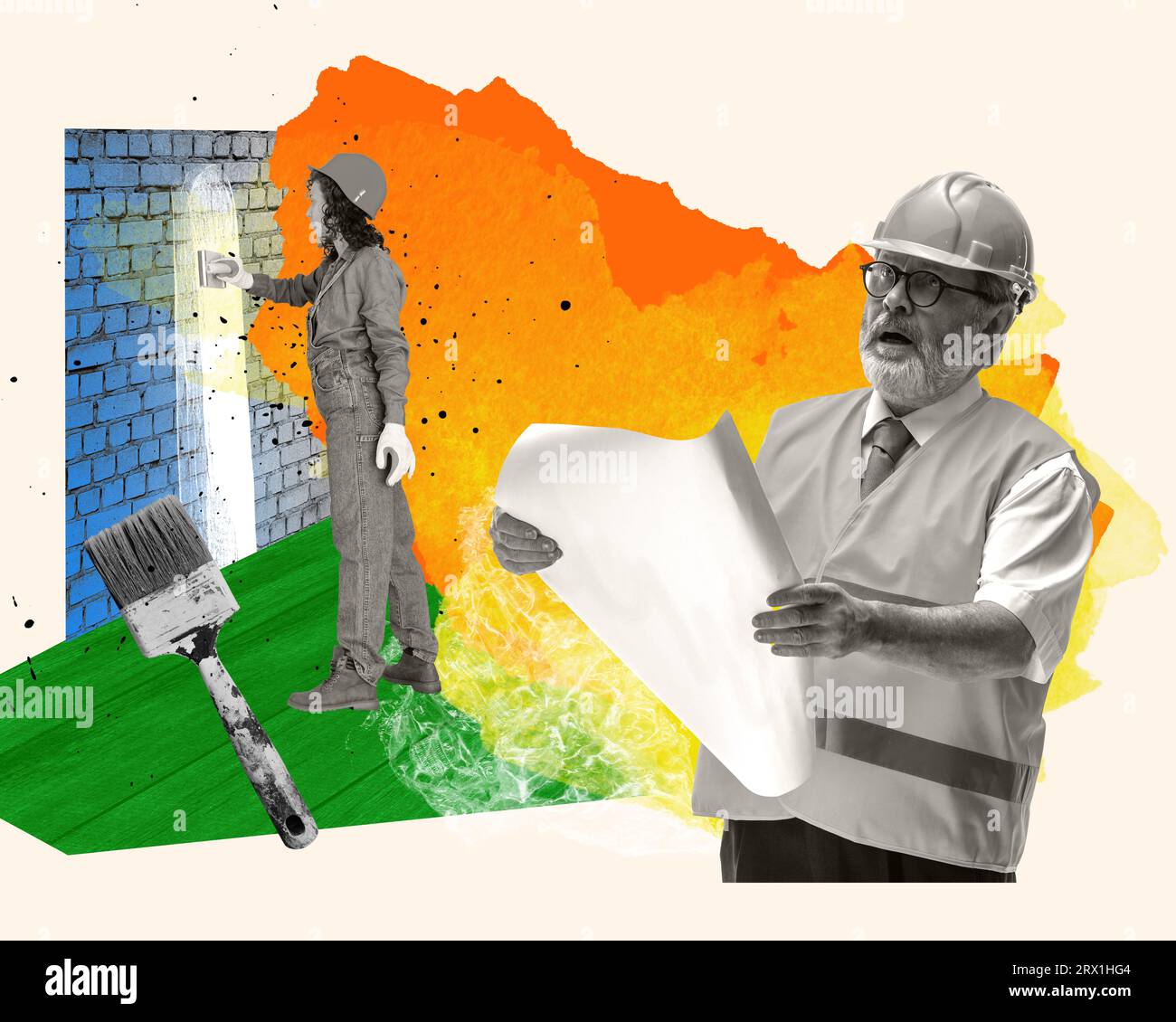 Senior architect, builder checking projects, looking at how girl ...