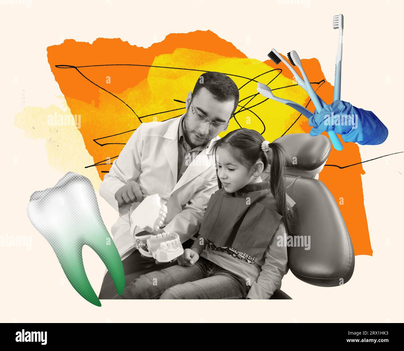 Man, dentist talking to little girl, child and showing tools, tooth to ...