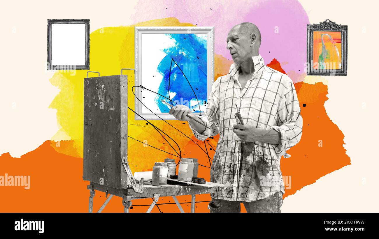 Senior man, artist, painter making beautiful pictures. Talented man ...