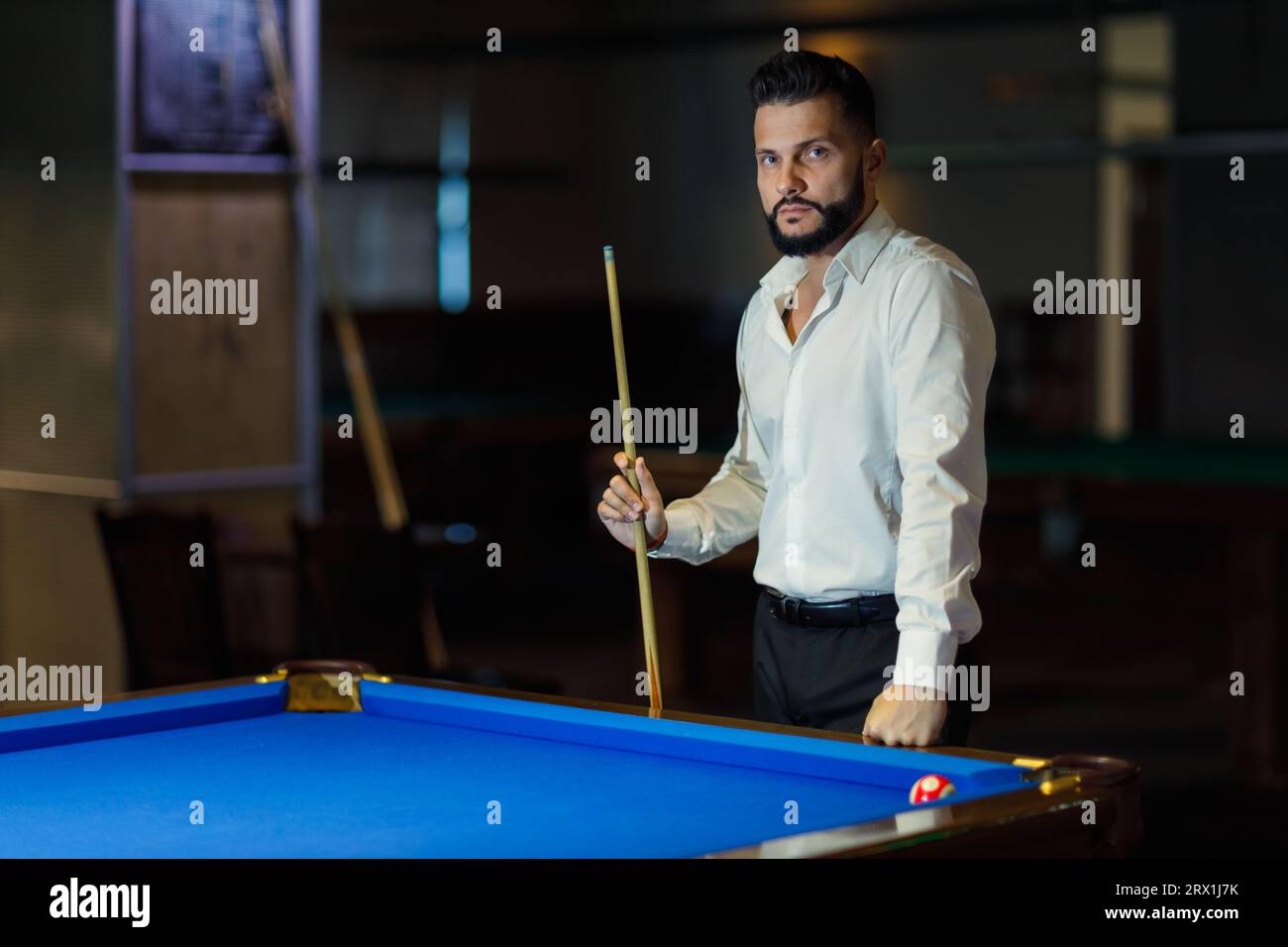 Billiard player portrait at billard table or snooker american billiards ...