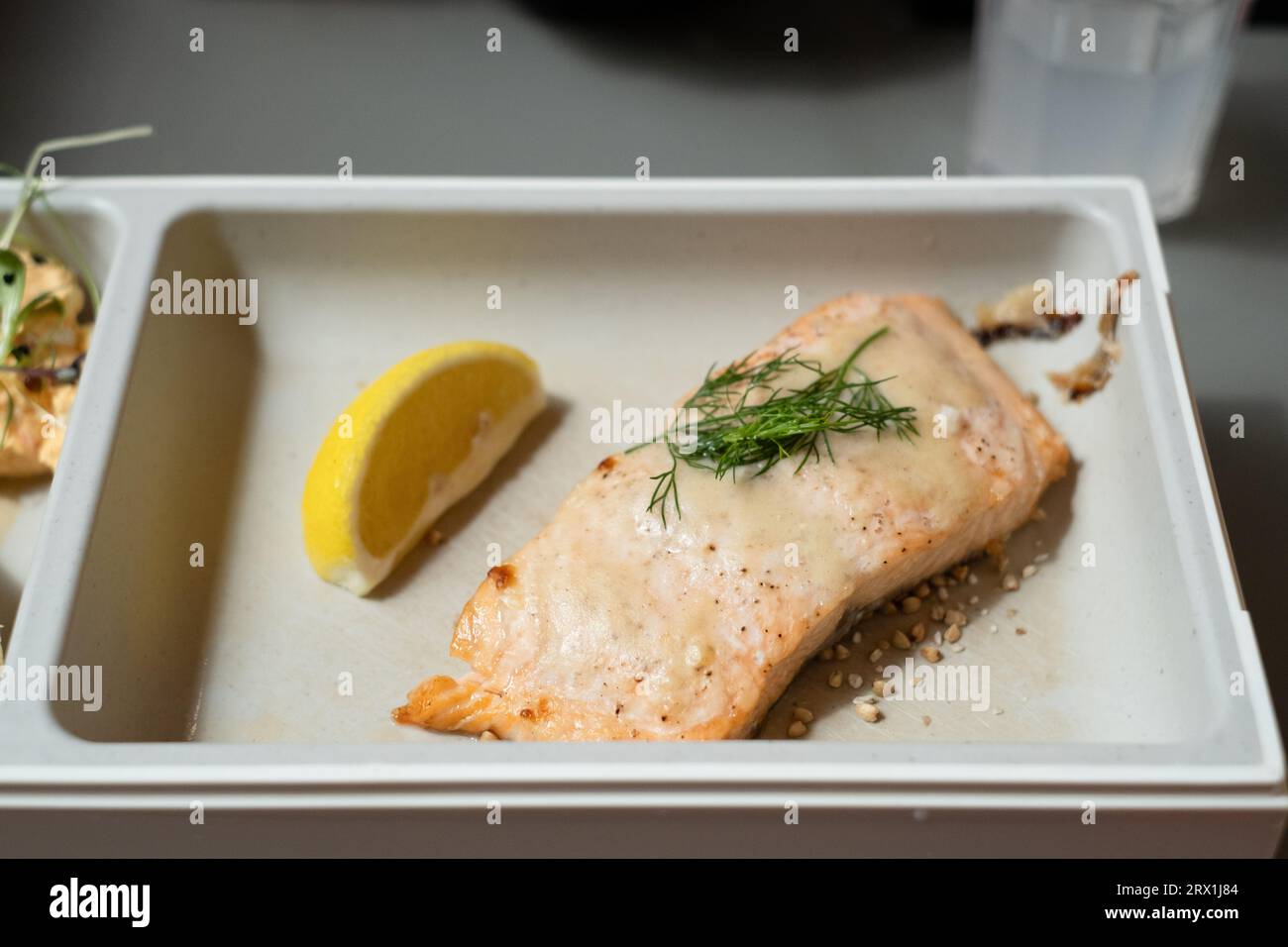 Photograph of a piece of salmon topped with cheese and dill, with a ...