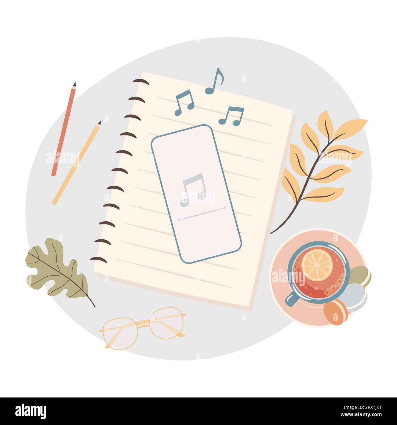Smartphone playing music. Break time. Cozy autumn working days concept ...