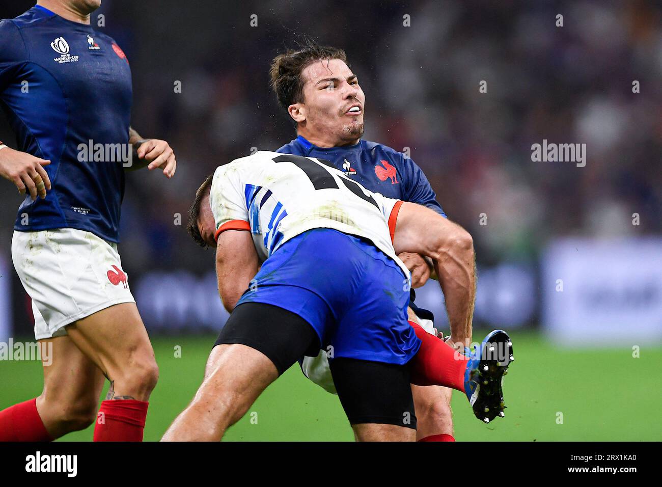 Marseille, France. 21st Sep, 2023. Antoine Dupont is tackled shock ...