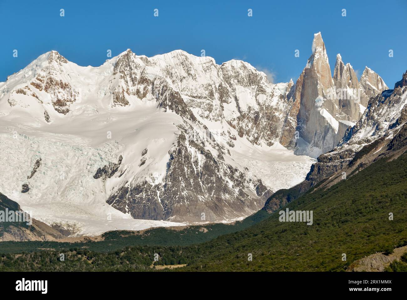 The summit of Cerro Torre and the glaciers of the Cerro Adela massif ...