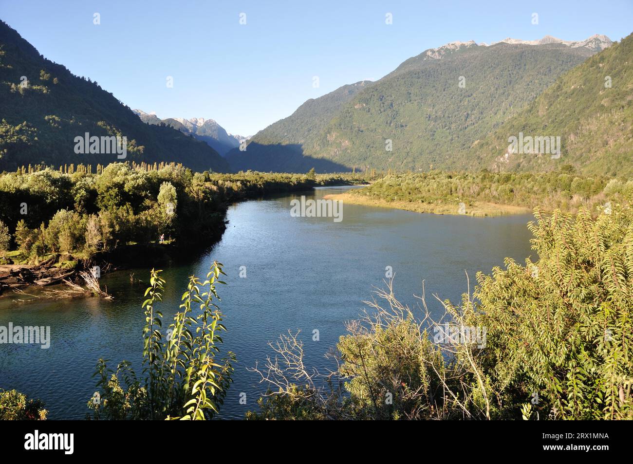 The Rio Cochamo with the valley of the same name, Patagonia, Chile ...