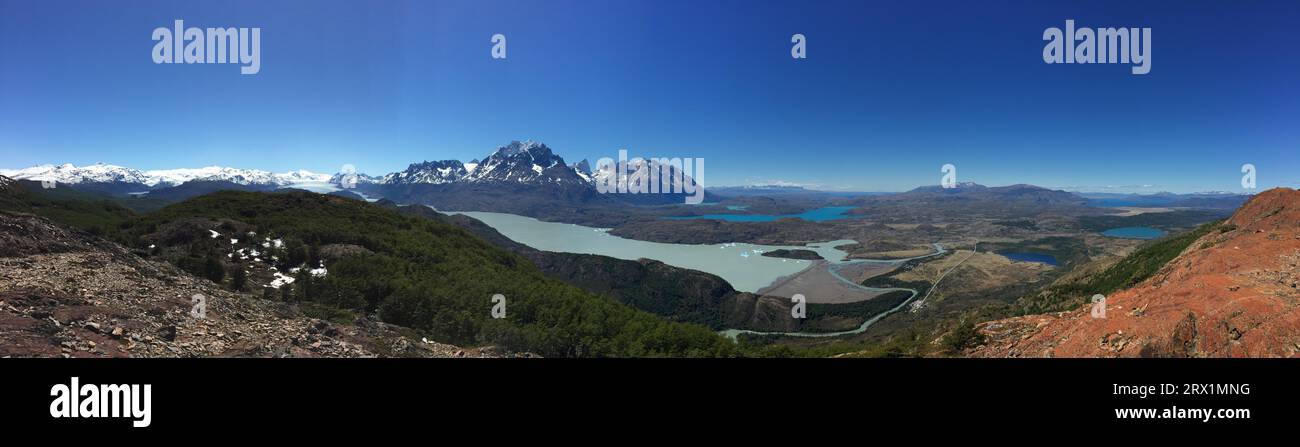 Panorama of the landscape in Torres del Paine National Park with the ...