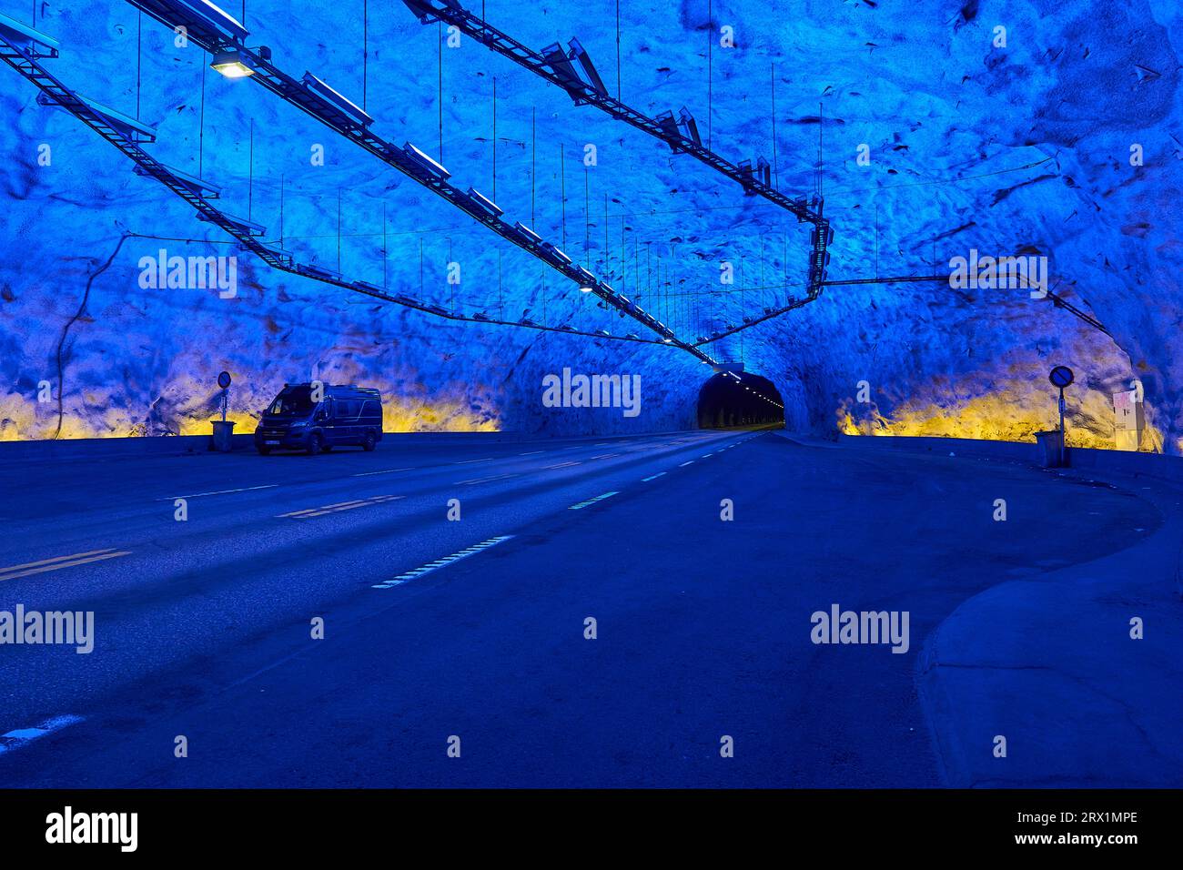 blue light of the interior of the underground Laerdal tunnel, the ...