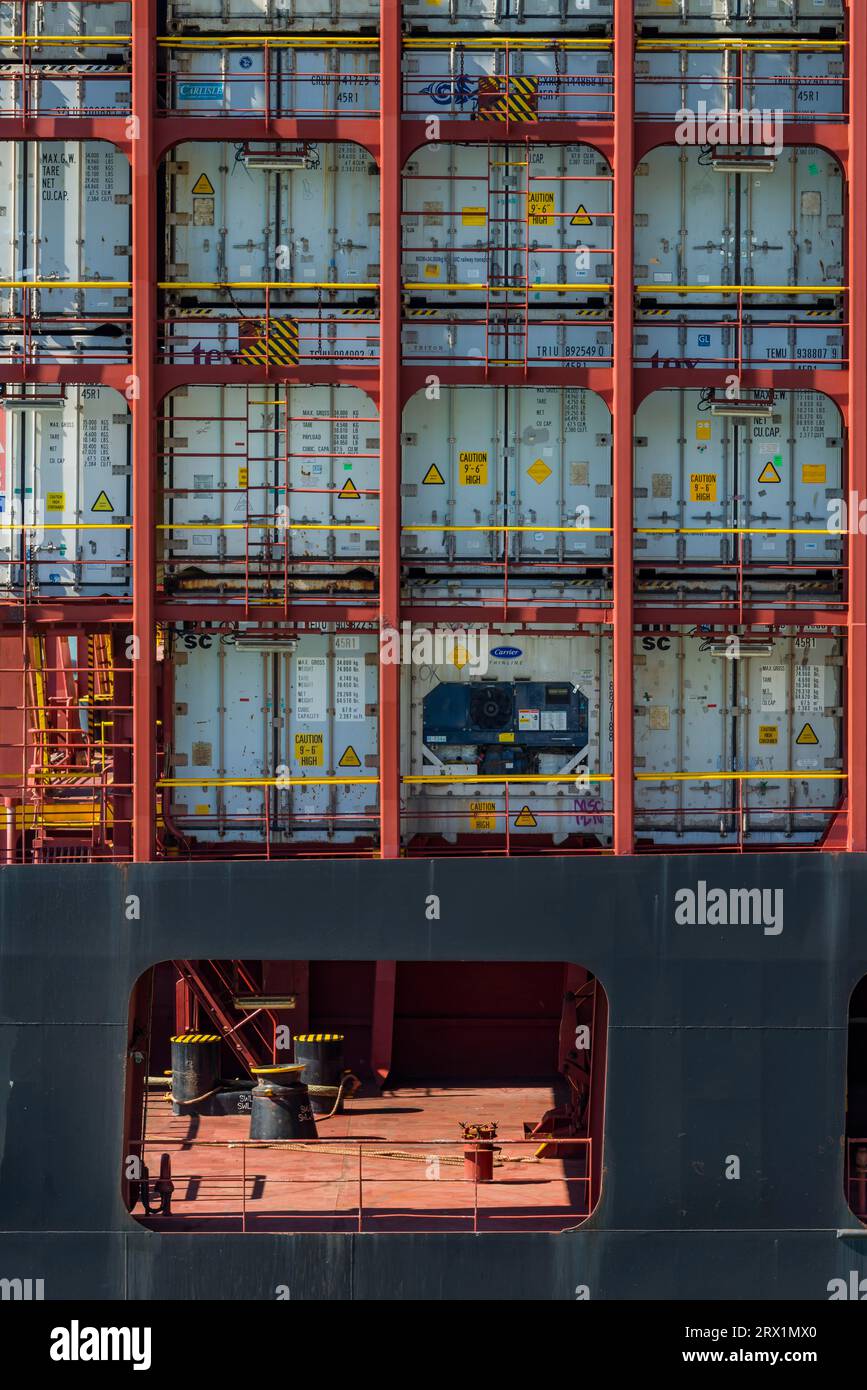 Transport freighter with shipping containers, detail, empty Stock Photo ...